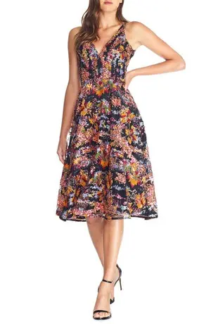 Dress The Population Elisa Embellished Fit & Flare Dress - Papaya Multi