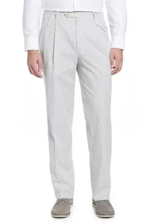 Berle Pleated Seersucker Cotton Dress Pants - Grey