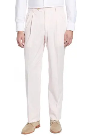 Berle Pleated Seersucker Cotton Dress Pants - Pink