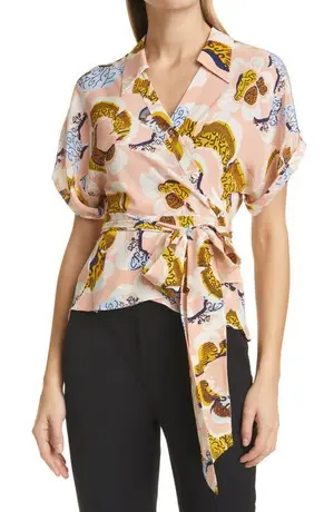 Diane Von Furstenberg Debbie Wrap Silk Top - Wax Cloth Floral Small Nude