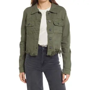 HIDDEN JEANS Frayed Hem Denim Trucker Jacket - Olive