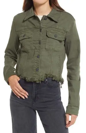 HIDDEN JEANS Frayed Hem Denim Trucker Jacket - Olive