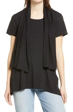 Hue Convertible Scarf Lapel T-shirt - Black