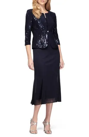 Alex Evenings Sequin Jacket Midi Dress - Navy