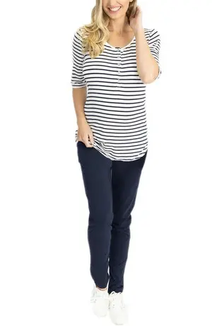 ANGEL MATERNITY Maternity/nursing Henley & Lounge Pants Set - Navy White Stripe