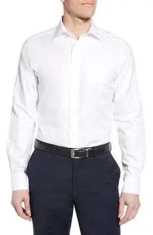 David Donahue Luxury Non-iron Trim Fit Solid Dress Shirt - White