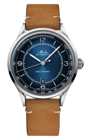 MIDO Multifort Pulsemeter Automatic Leather Strap Watch - Brown/blue/silver