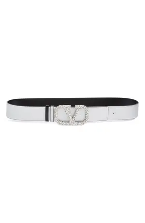 Valentino Garavani Valentino Garavani VLOGO Buckle Reversible Leather Belt Silver/ Nero/ Crystal