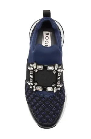ROGER VIVIER Viv Crystal Buckle Slip-on Sneakers - Navy/black