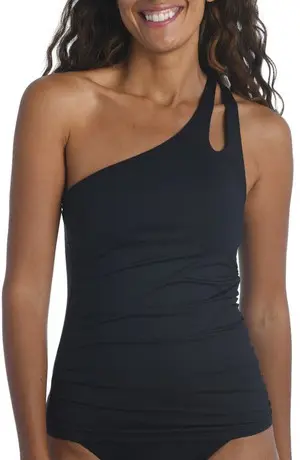La Blanca Island Goddess Ruched One-shoulder Tankini Top - Black