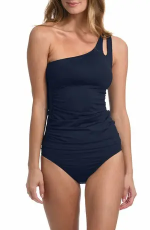 La Blanca Island Goddess Ruched One-shoulder Tankini Top - Indigo