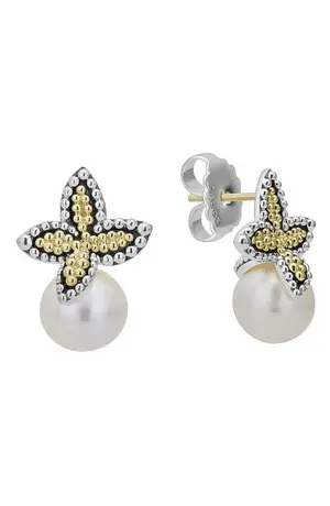 Lagos Luna Pearl Floral Cap Drop Earrings