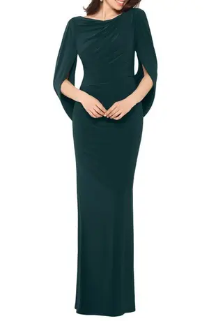 Betsy & Adam Cape Long Sleeve Trumpet Gown - Forest