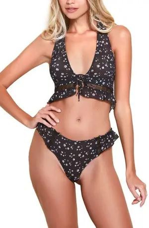 HAUTY Printed Chiffon Halter Bralette & Panties Set - Black
