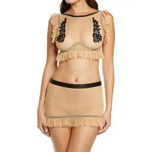 HAUTY Ruffle Trim Mesh Bralette & Skirt Set - Nude-black
