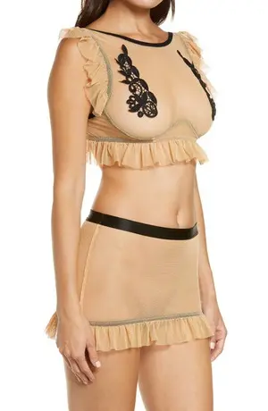 HAUTY Ruffle Trim Mesh Bralette & Skirt Set