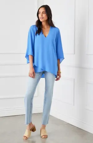 Karen Kane Asymmetrical Crepe Top - Dusty Blue