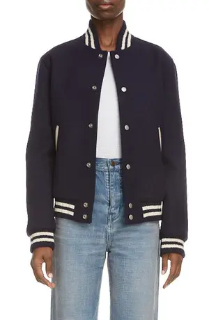 Saint Laurent Teddy Logo Patch Wool Blend Bomber Jacket