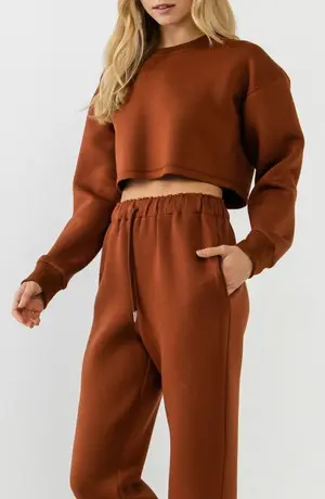 GREY LAB Lounge Wear Cropped Crewneck Sweatshirt - Brown