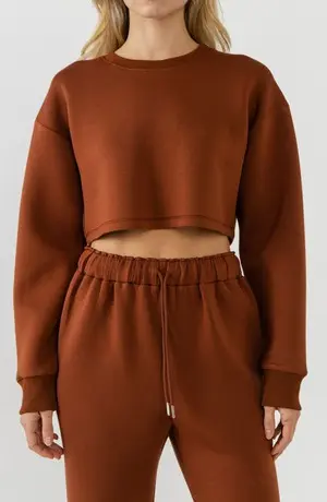 GREY LAB Lounge Wear Cropped Crewneck Sweatshirt - Brown