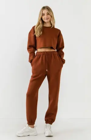GREY LAB Lounge Wear Cropped Crewneck Sweatshirt - Brown