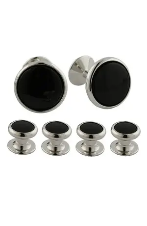 David Donahue Inlay Cuff Link & Stud Set - White Brass/ Onyx