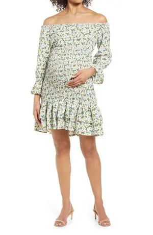 SAVI MOM Daisy Flora Off The Shoulder Ruffle Maternity Dress - Multi