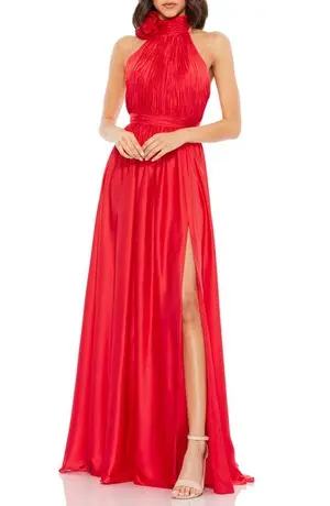 Mac Duggal Rosette Satin Halter Gown Cherry