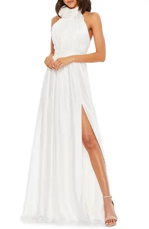 Mac Duggal Rosette Satin Halter Gown White