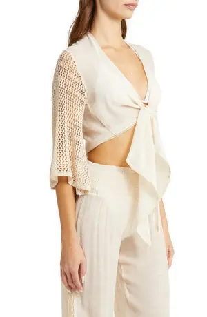 Elan Open Stitch Accent Tie Front Cover-up Top - Natural
