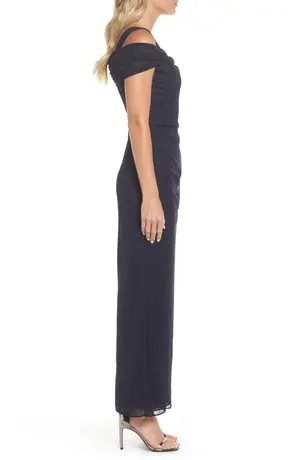 Alex Evenings Embellished Cold Shoulder Column Gown - Navy