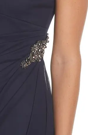 Alex Evenings Embellished Cold Shoulder Column Gown - Navy