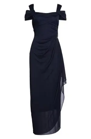 Alex Evenings Embellished Cold Shoulder Column Gown - Navy