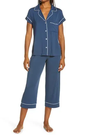 Eberjey Gisele Short Sleeve Cropped Pajamas Indigo Blue/ Ivory