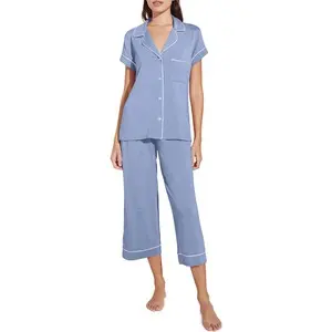 Eberjey Gisele Short Sleeve Cropped Pajamas Wedgewood Blue/ Ivory