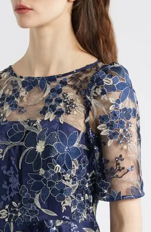 Eliza J Sequin Floral Embroidery Fit & Flare Midi Dress - Navy |  Editorialist