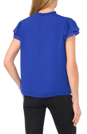 CECE DUPRAZ Flutter Sleeve Tie Neck Top - Goddess Blue