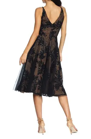 Dress The Population Courtney Sequin Lace Midi Dress - Black/nude