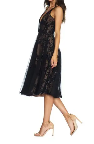 Dress The Population Courtney Sequin Lace Midi Dress - Black/nude