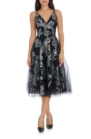 Dress The Population Courtney Sequin Lace Midi Dress - Silver Multi