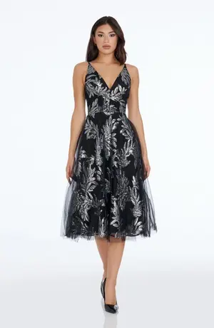 Dress The Population Courtney Sequin Lace Midi Dress - Silver Multi