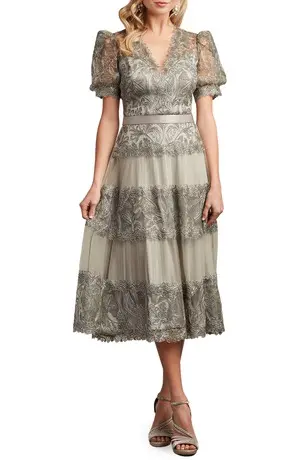 Tadashi Shoji Embroidered Lace Tiered Midi Dress Duchess Grey
