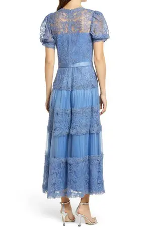 Tadashi Shoji Embroidered Lace Tiered Midi Dress - Powder Blue