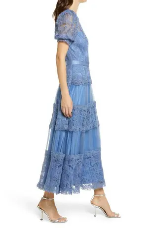 Tadashi Shoji Embroidered Lace Tiered Midi Dress - Powder Blue