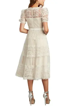 Tadashi Shoji Embroidered Lace Tiered Midi Dress - White/petal