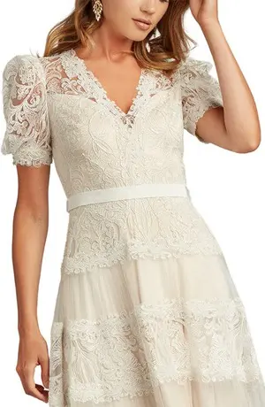 Tadashi Shoji Embroidered Lace Tiered Midi Dress - White/petal