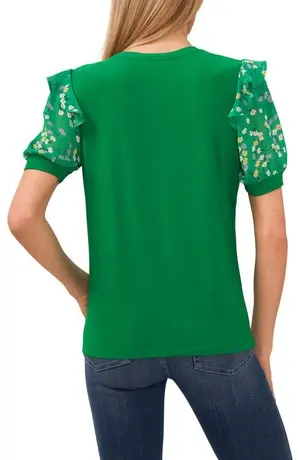 CECE DUPRAZ Scattered Ditsy Puff Sleeve Mixed Media Top