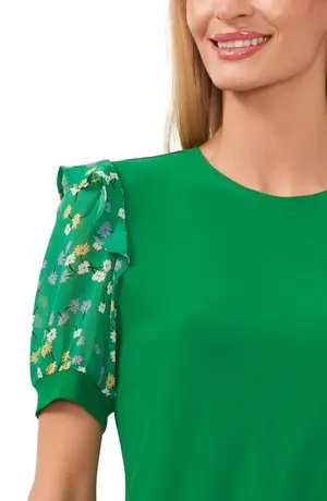 CECE DUPRAZ Scattered Ditsy Puff Sleeve Mixed Media Top