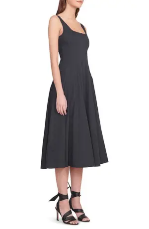 Staud Wells Stretch Cotton Poplin Midi Fit & Flare Dress - Black