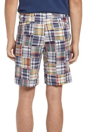 Berle Patchwork Madras Flat Front Shorts - Navy